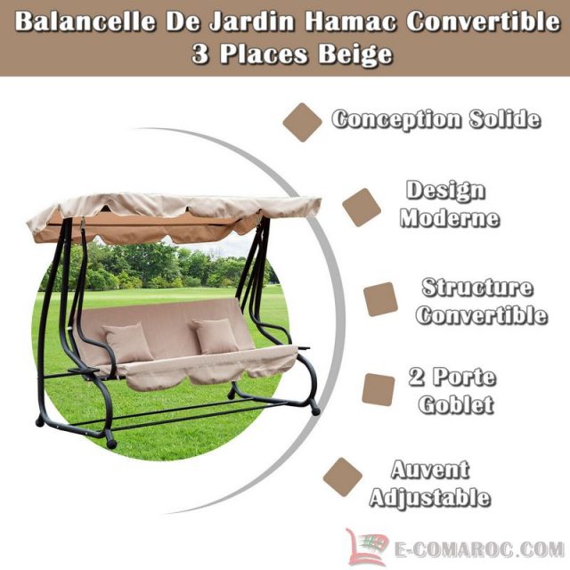 Balancelle De Jardin Hamac Convertible 3 Places Beige - E-COMAROC ...